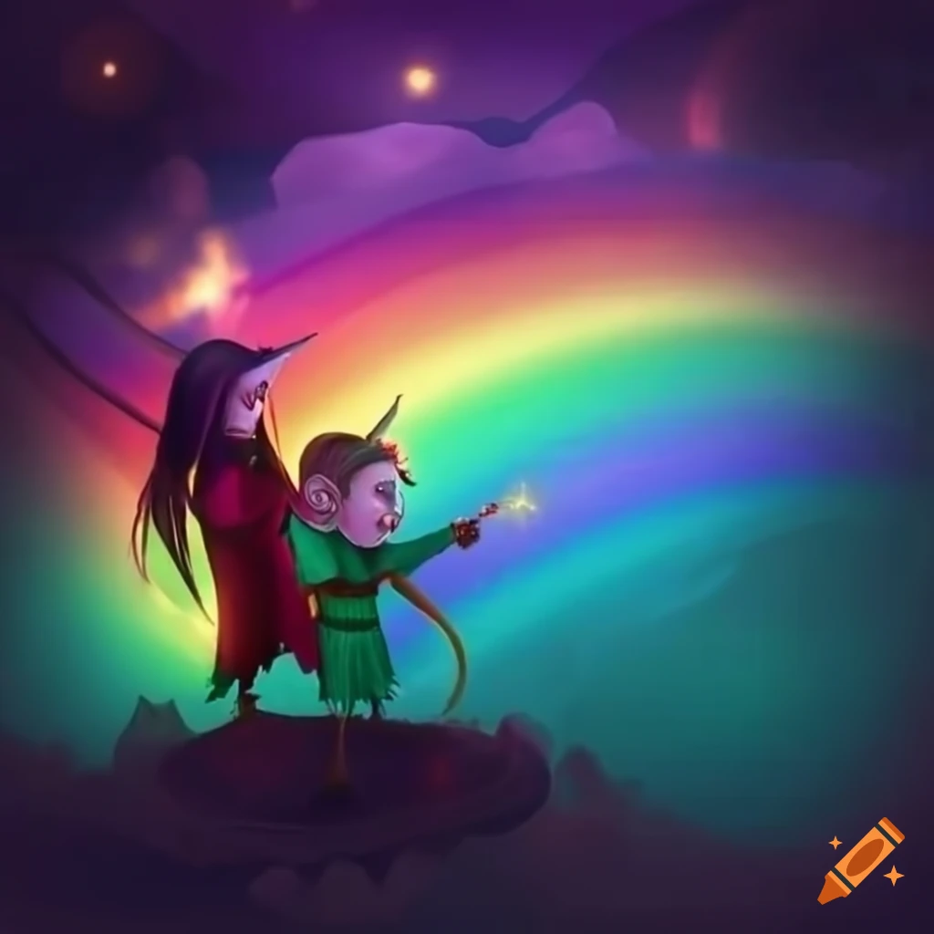 Image of elves creating rainbows in a magical night