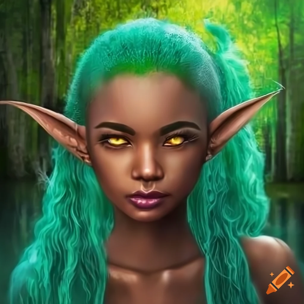 Portrait of a young woman with elf ears in front of a swamp on Craiyon