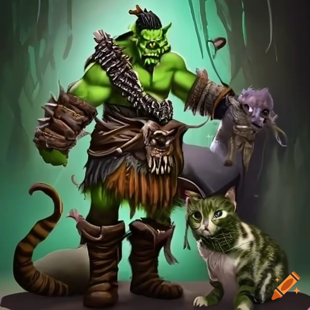 Funny image of an orc cleaning a cat