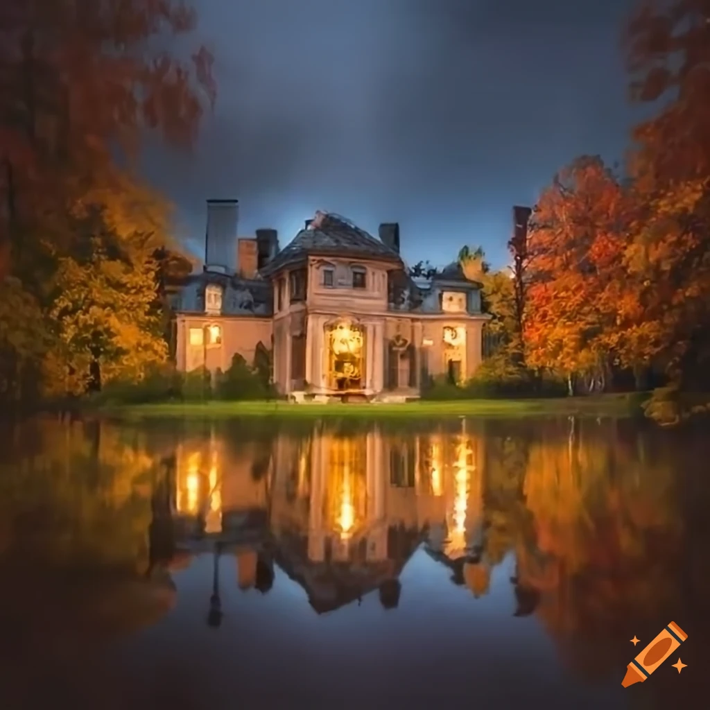Old mansion in the rain during autumn