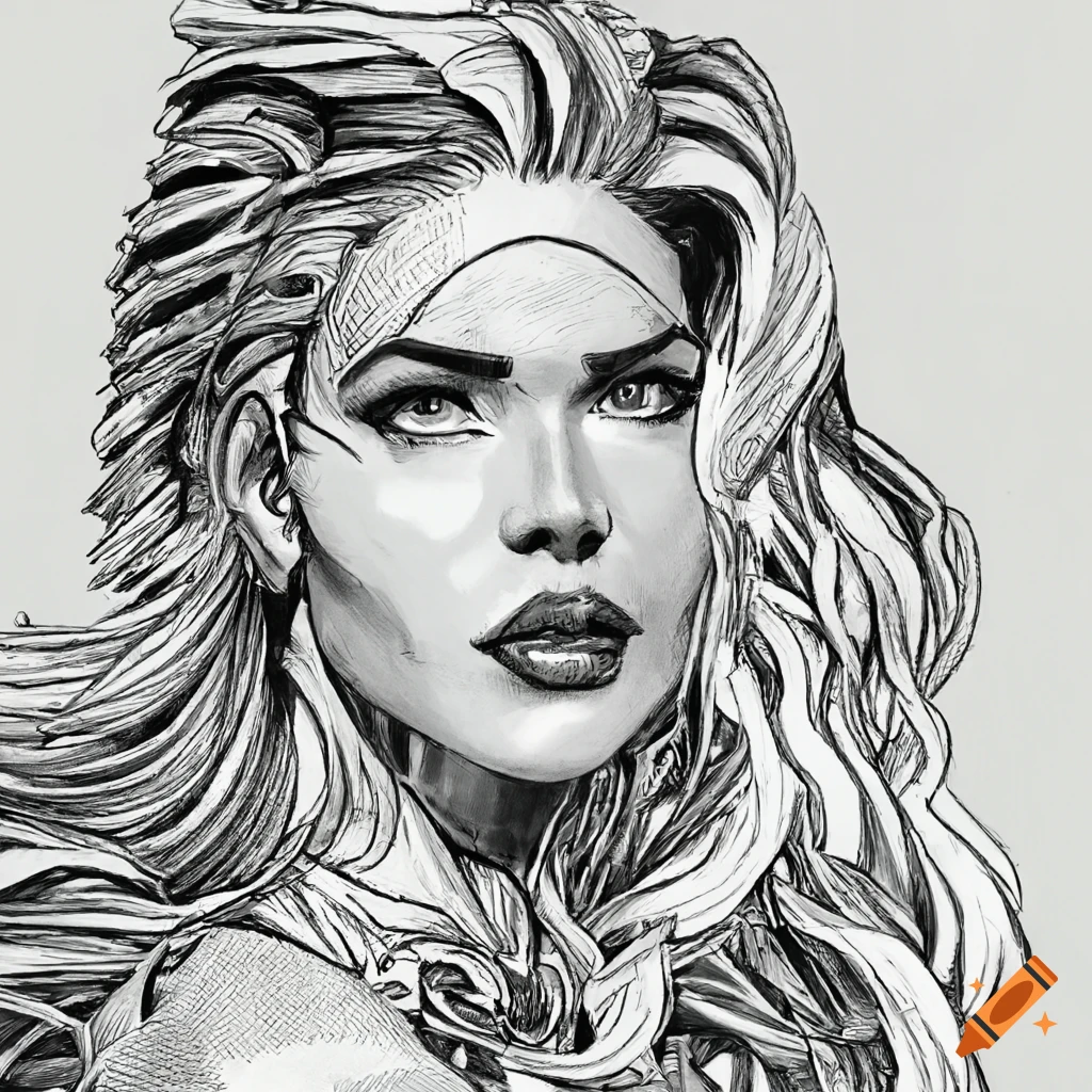 Line-art coloring book page of a beautiful woman