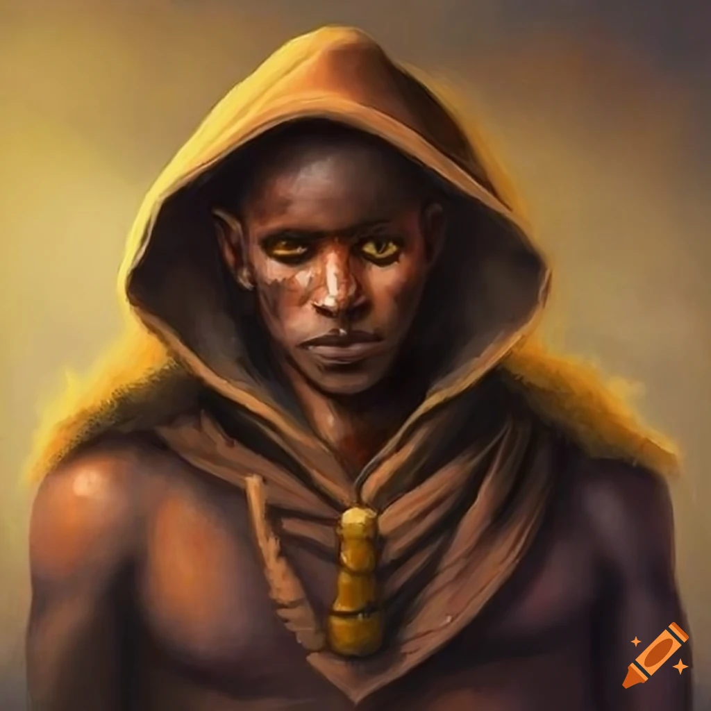 Painted fantasy portrait of a man with yellow eyes and a sand colored hood