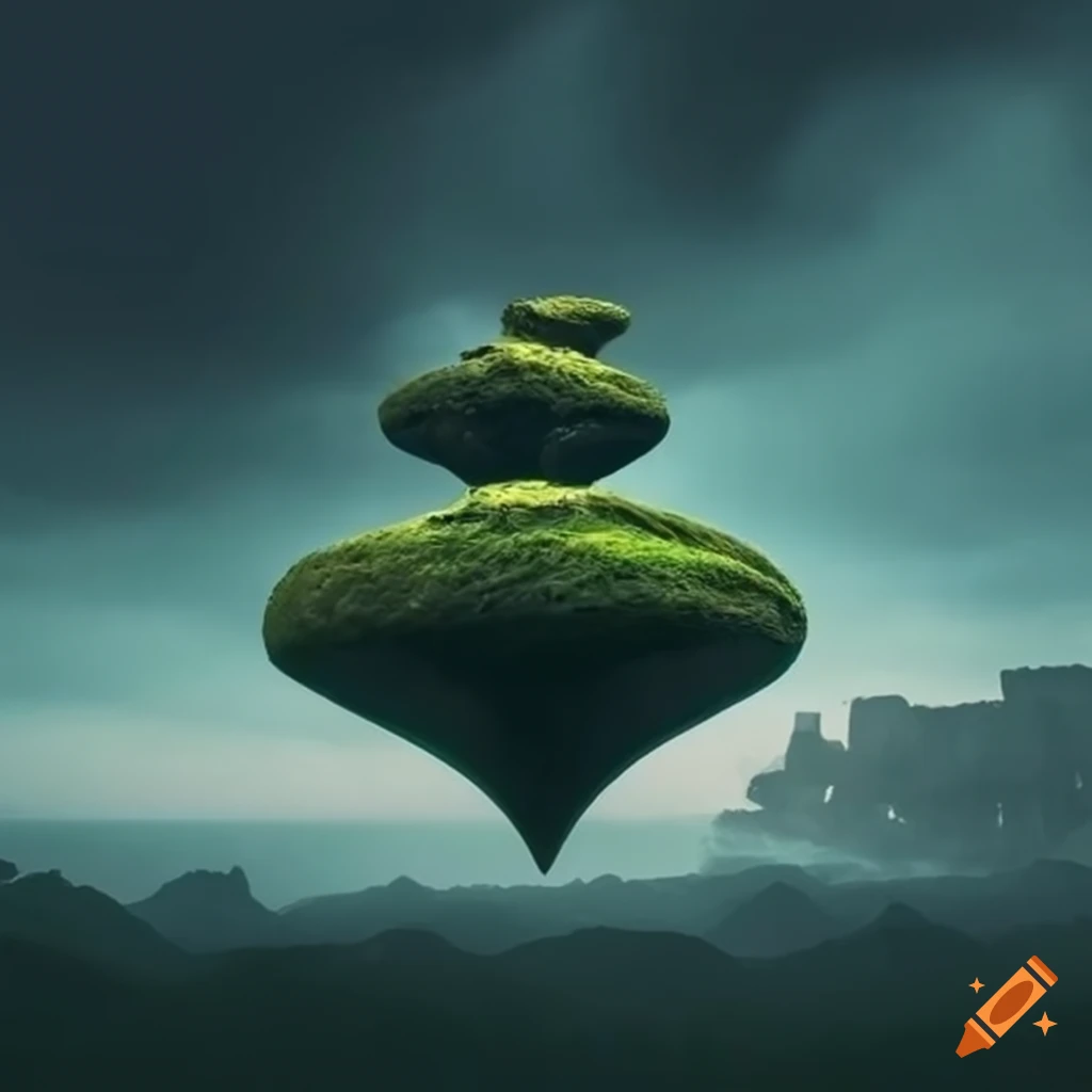 Biomorphic stone structure floating over a fantasy town on Craiyon