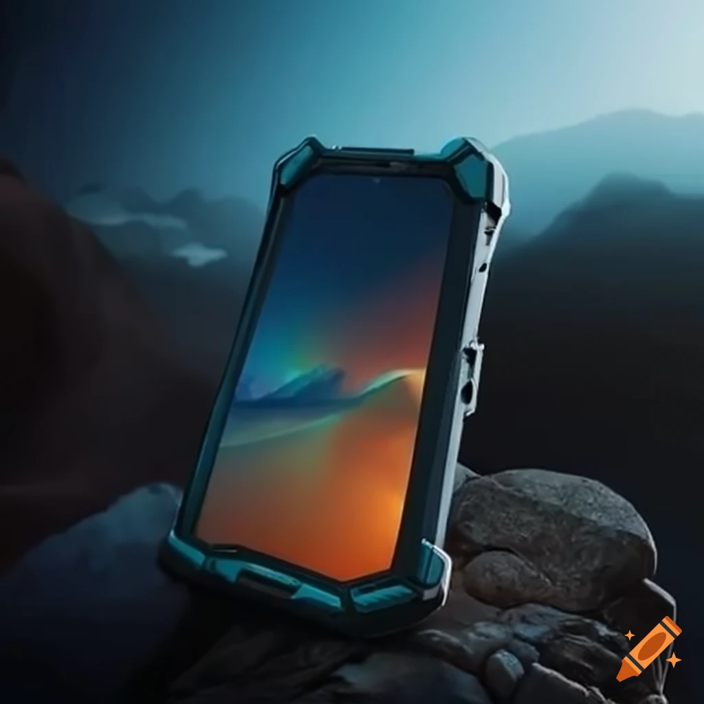 Rugged smartphone on rocks with scenic view