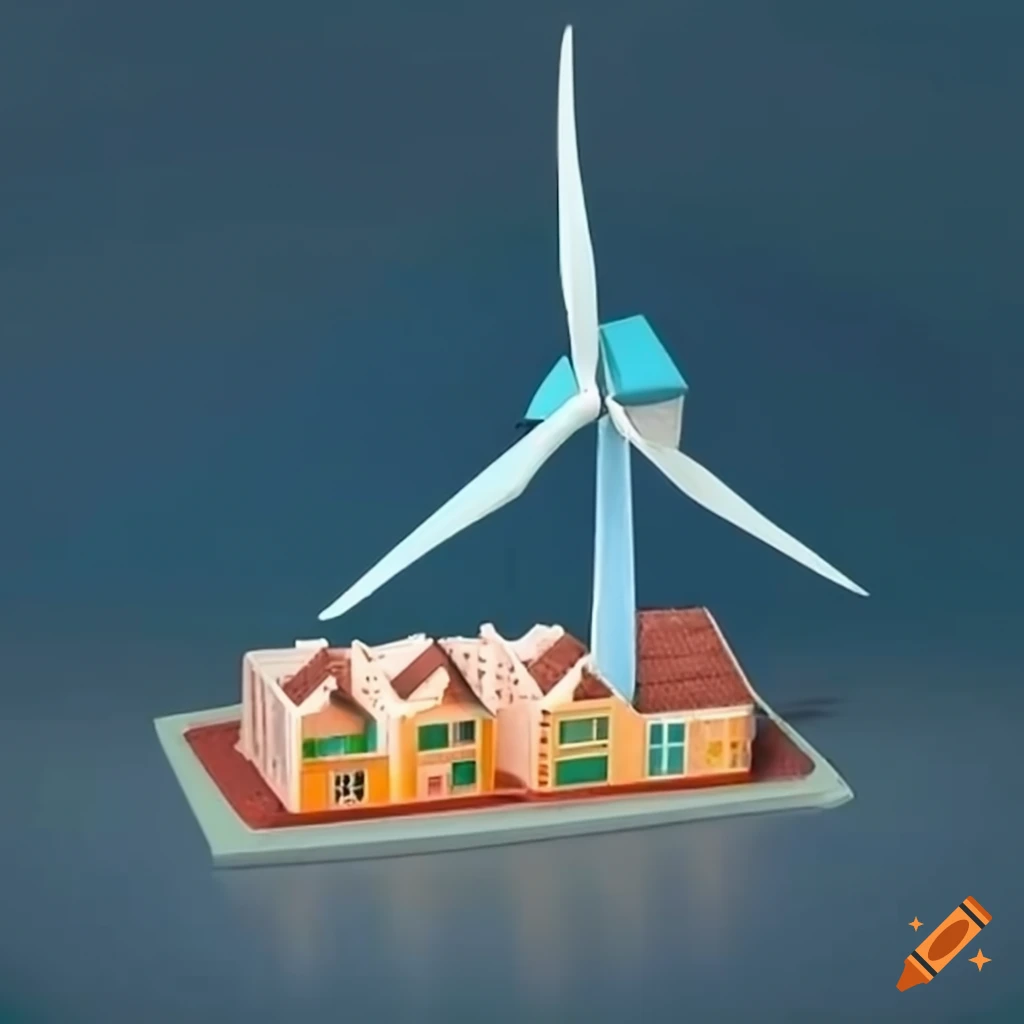 Model depicting a sustainable town with wind turbine and solar panels ...