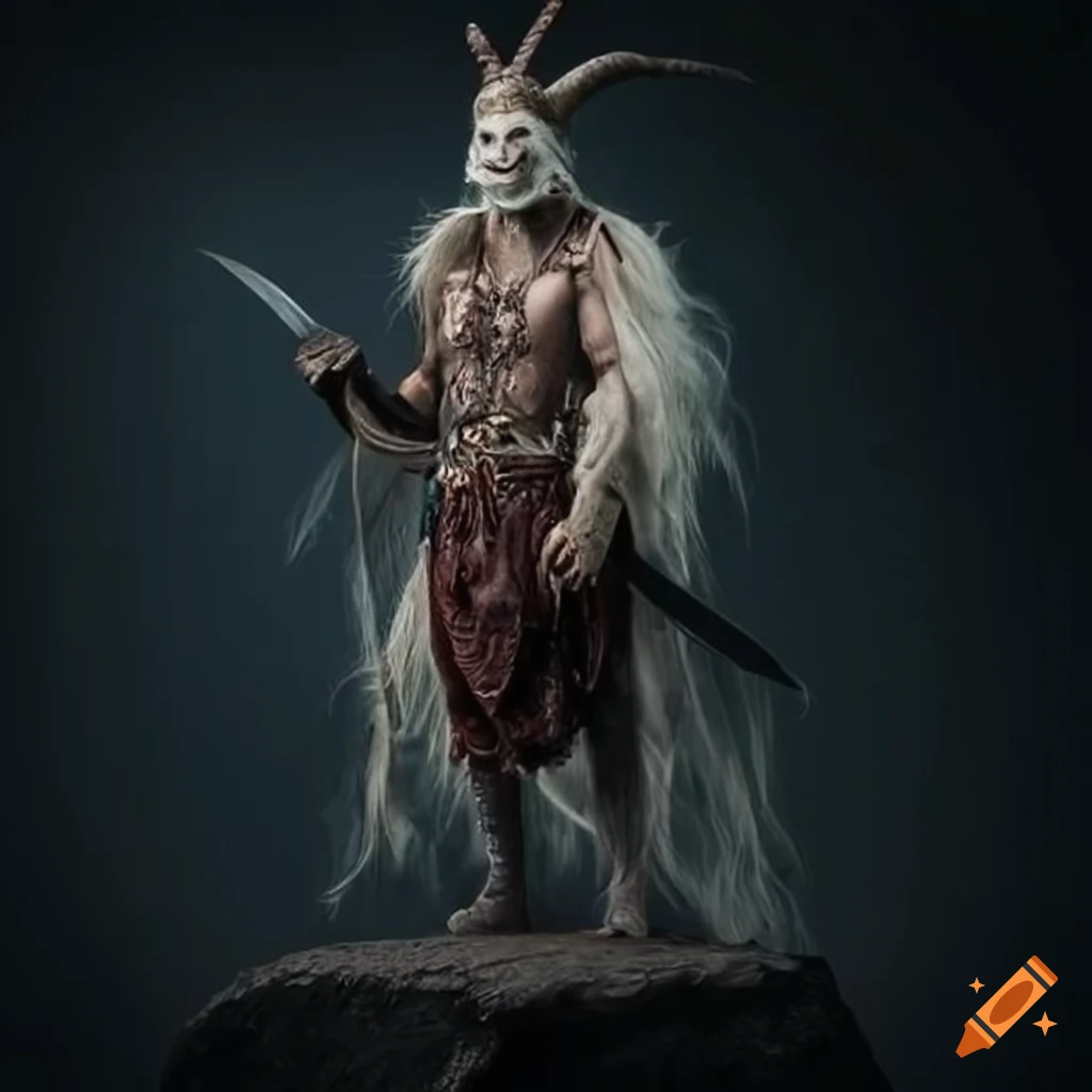 Illustration of an ancient prophecy goat man with a sword on Craiyon