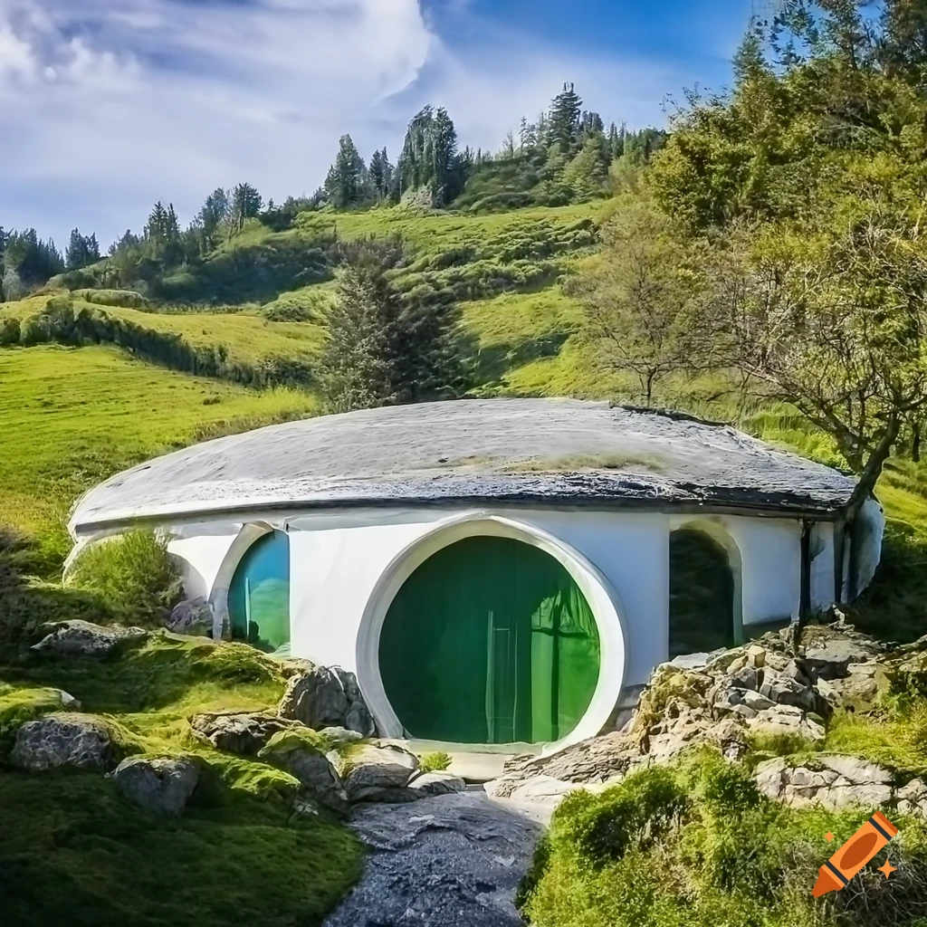 Professional photo of a white modern hobbit house on a mossy mountain ...