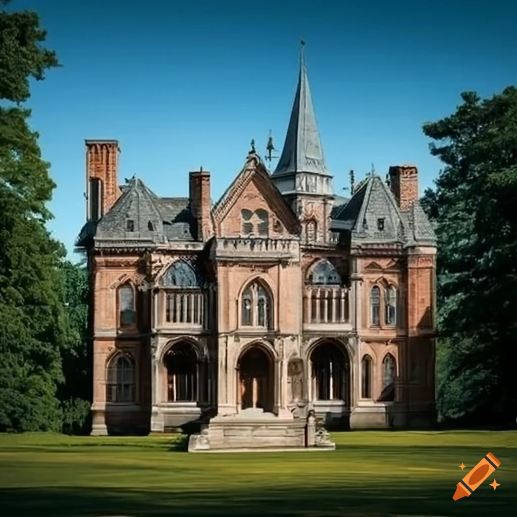 Gothic mansion exterior with a portico