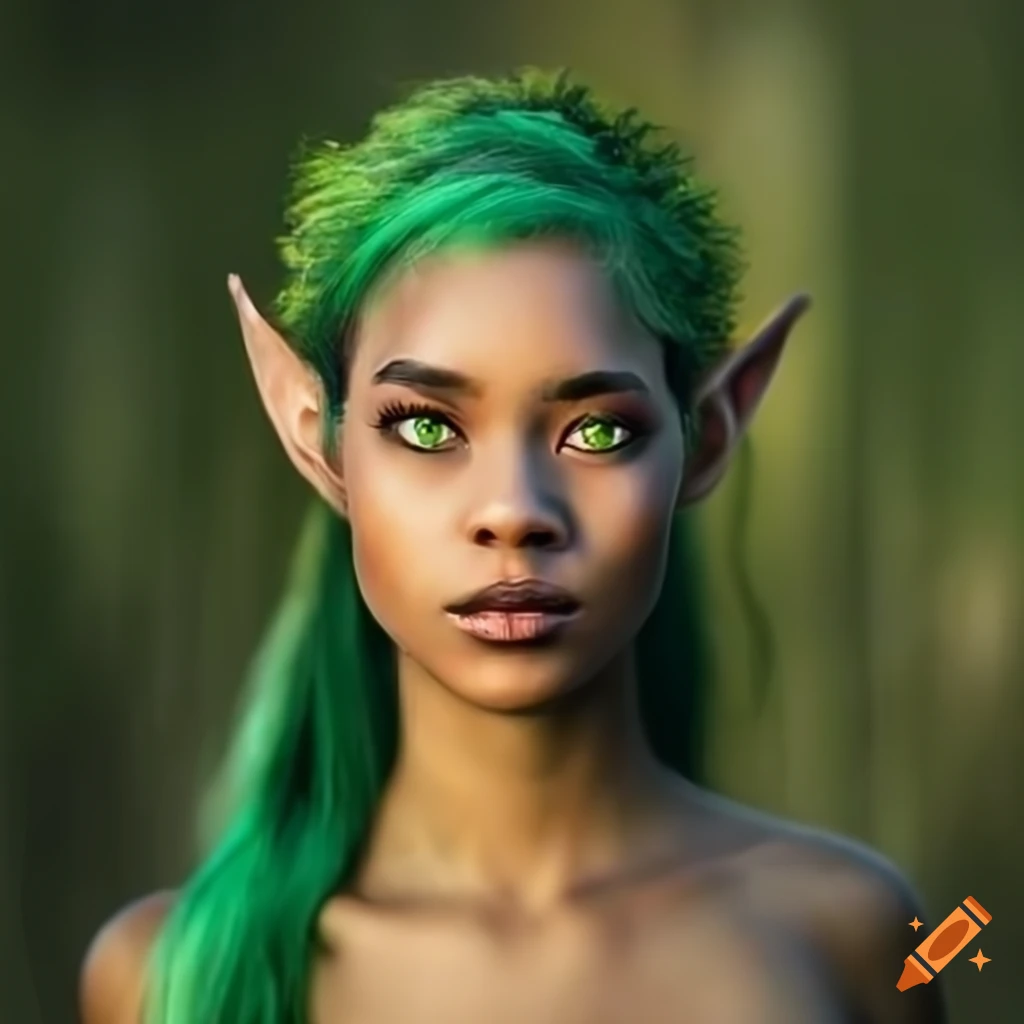 Portrait of a young woman with elf ears in front of a swamp on Craiyon