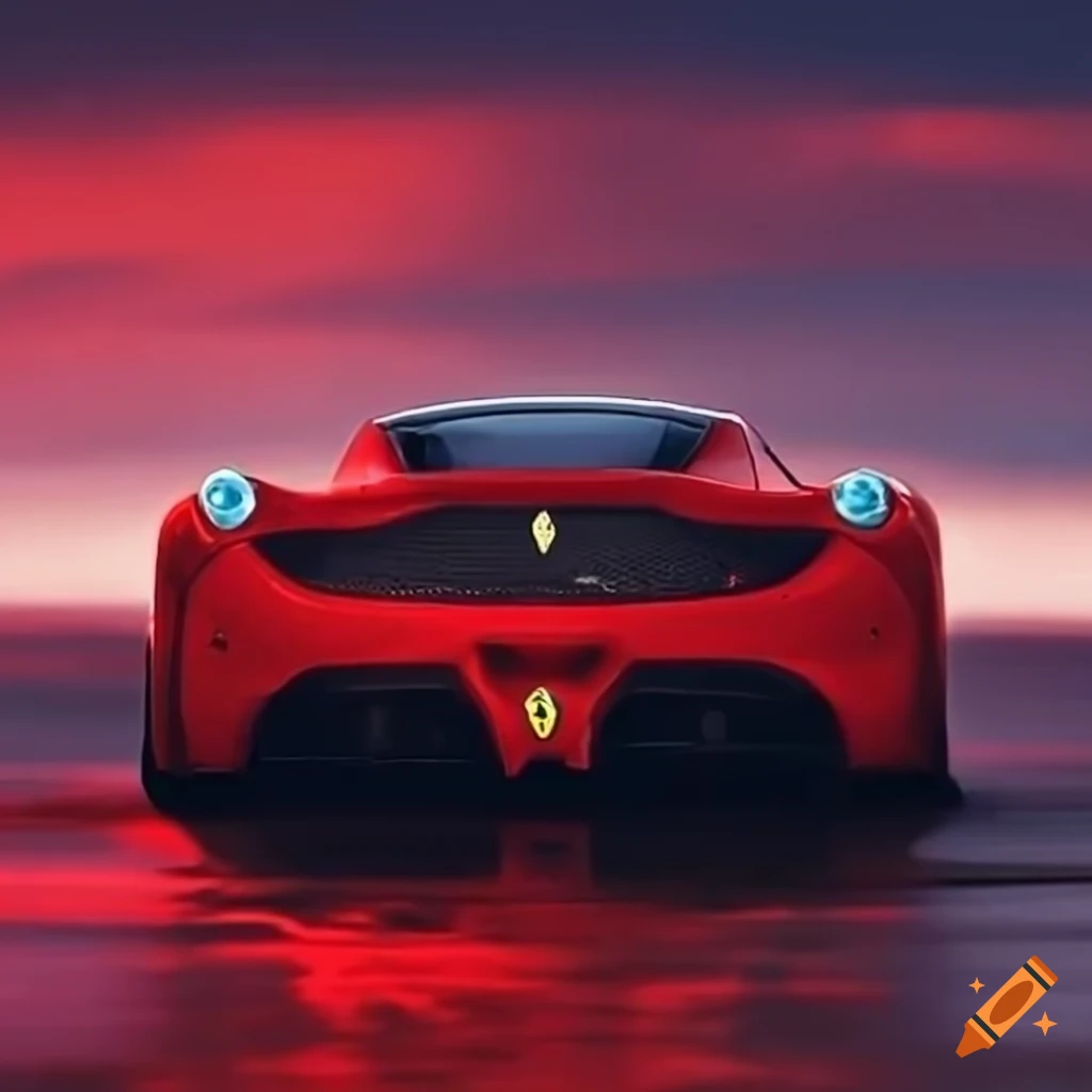 Red ferrari driving into a sunset on Craiyon