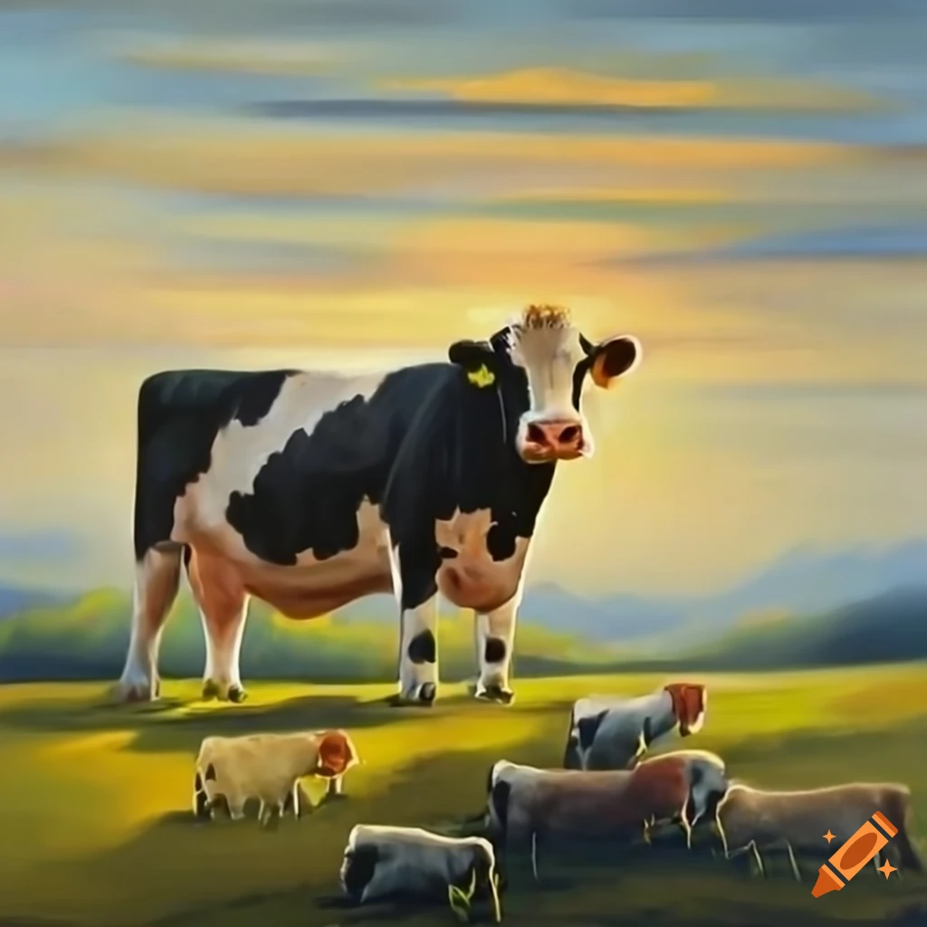Realistic painting of cows in a pasture on Craiyon