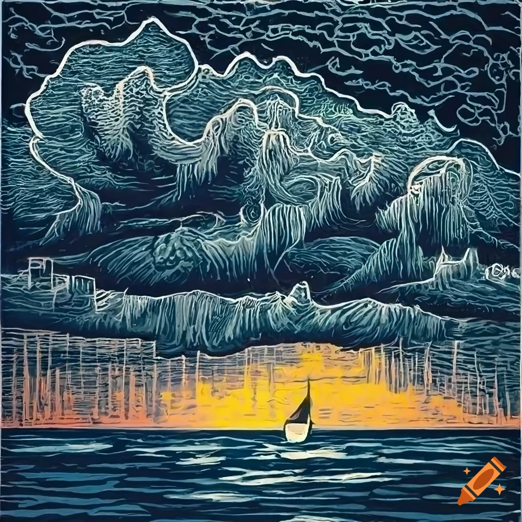 Intricate linocut illustration of stormy clouds and a lone boat on Craiyon