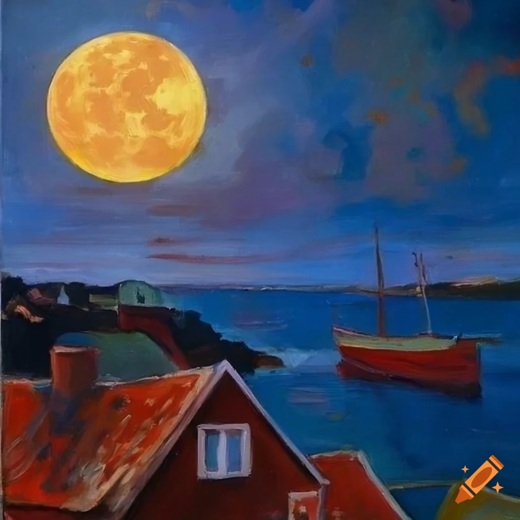 Colorful oil painting of rooftops in a coastal town