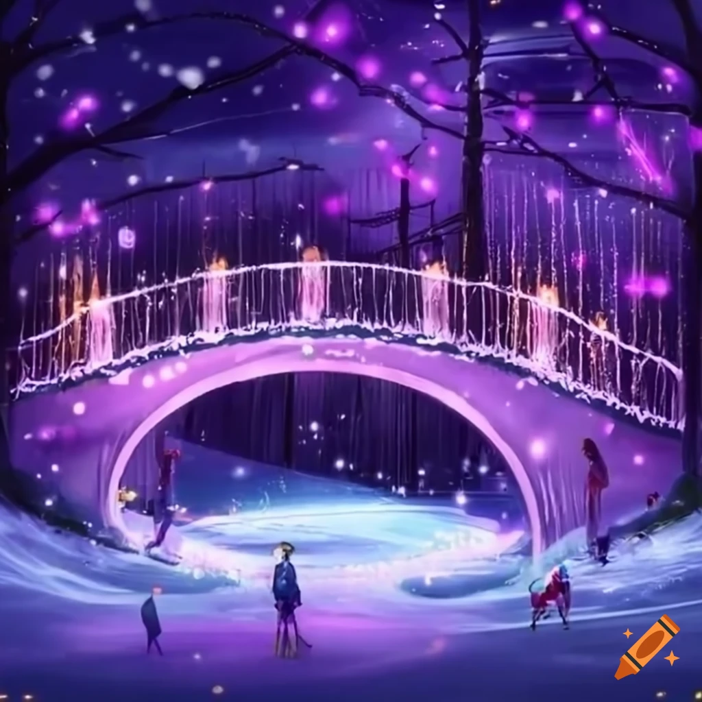 Festive purple curved bridge with people ice skating