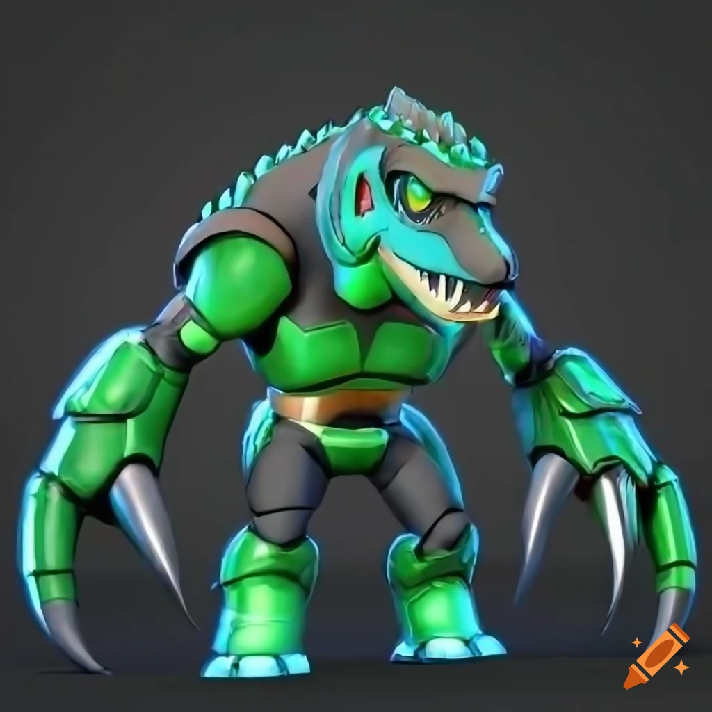 3d render of a tyrannosaurus-themed mega man villain on Craiyon