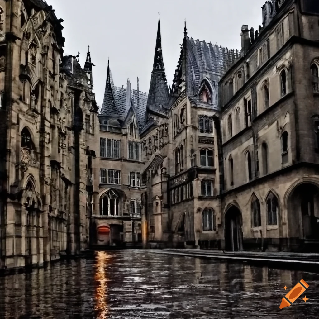 Gothic buildings in the rain