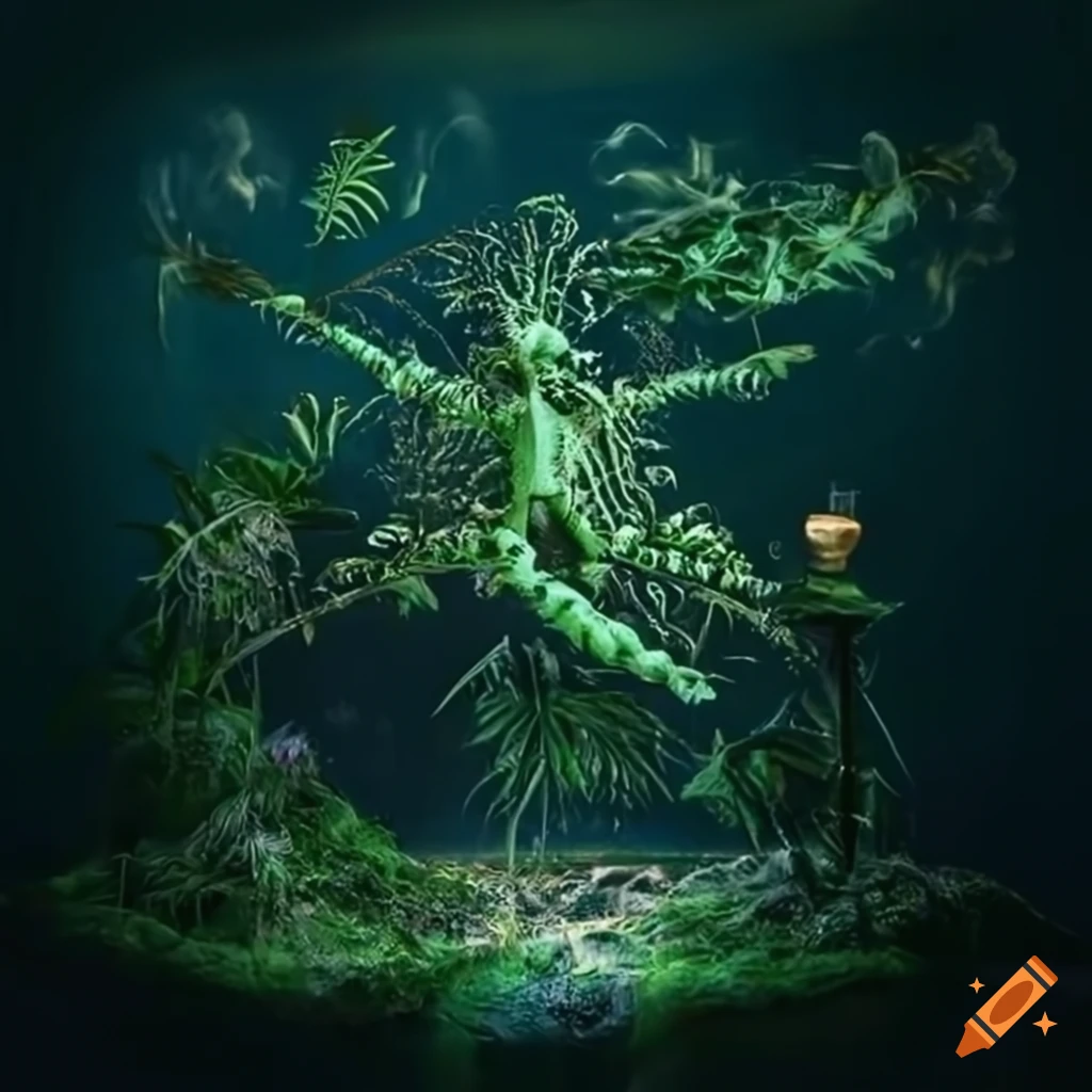 Psychedelic fungi, crab tree, and beetroot roots in a jungle setting on ...