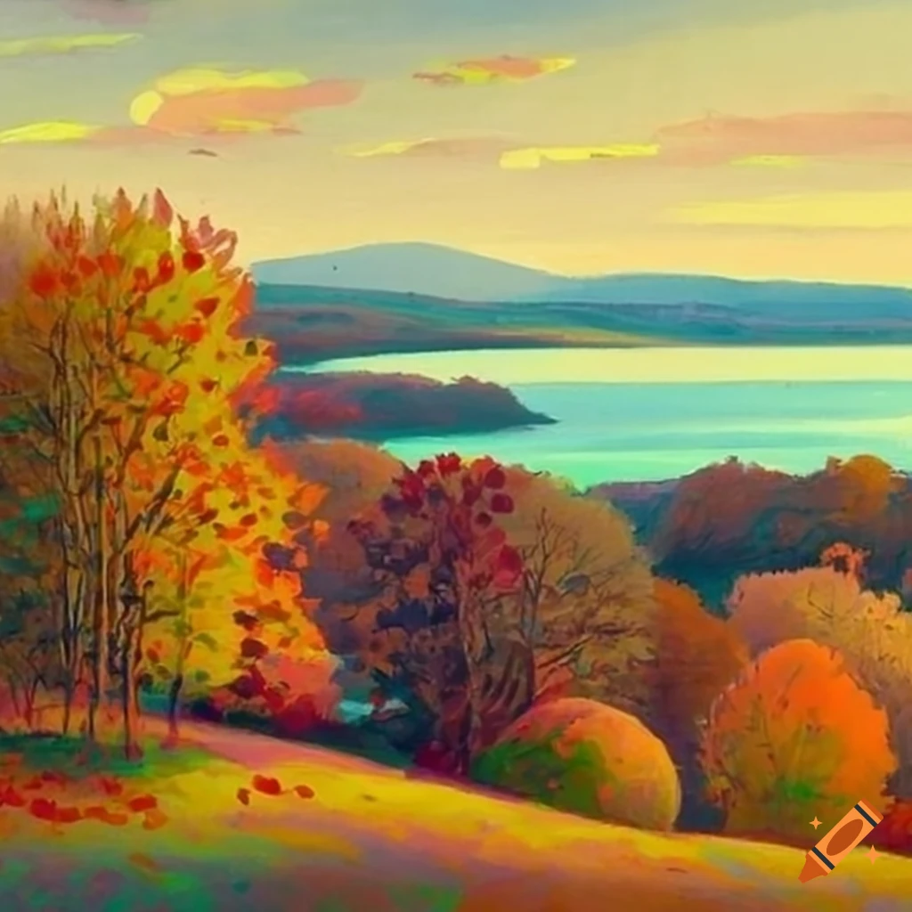Vibrant painting of an english countryside with autumn leaves on Craiyon
