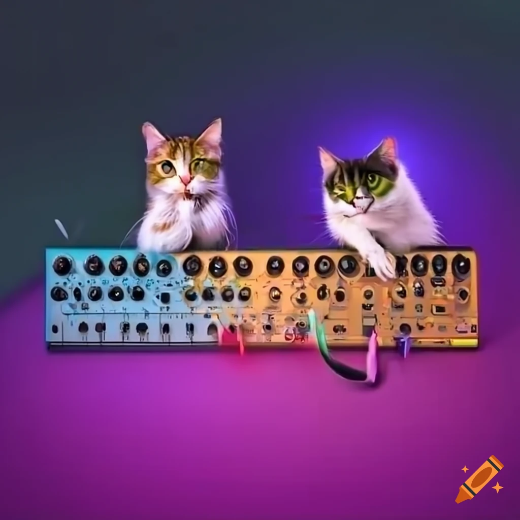 Cats playing with cables on a modular synth on Craiyon