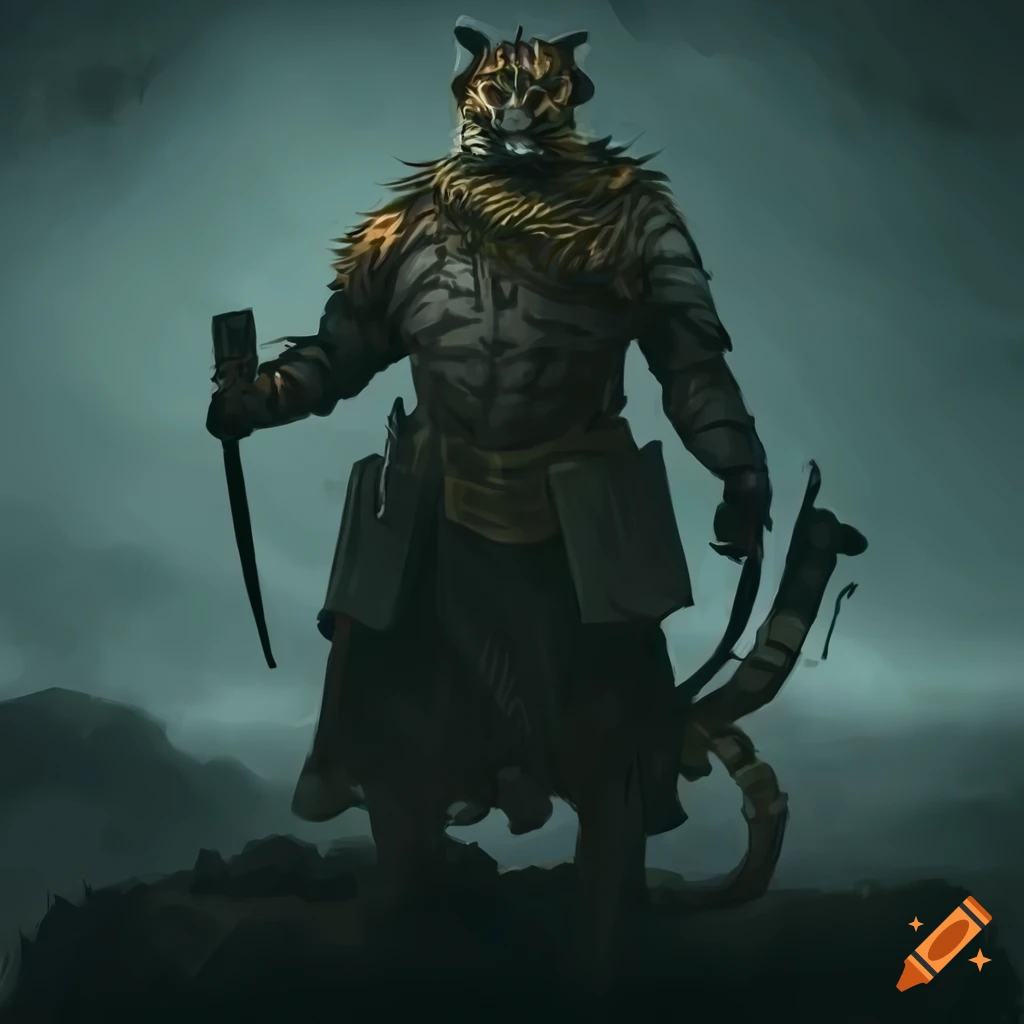 Fantasy artwork of a tiger soldier in atmospheric landscape