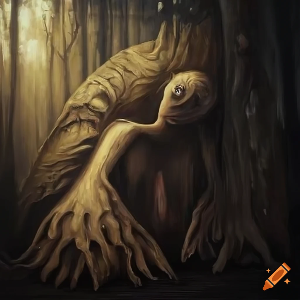 Unusual female tree creature in a misty sunset painting on Craiyon