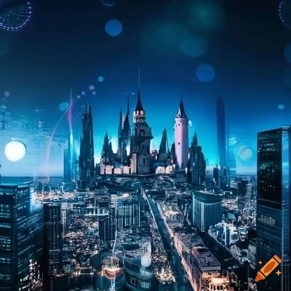 Cyber landscape with futuristic skyscrapers and a castle