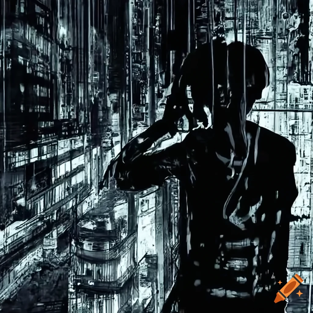 Man observing a futuristic city through a dirty window