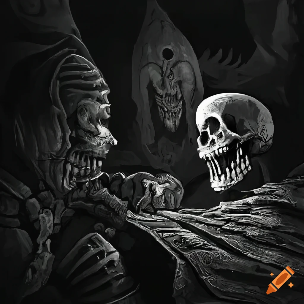 Dramatic black and white illustration of an adventurer escaping skeletons on Craiyon