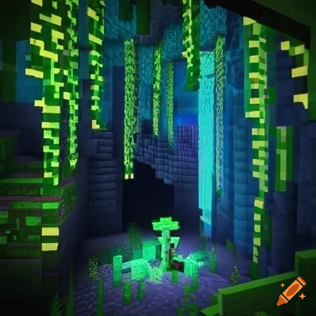 Minecraft cave with glowing vines and fungi on Craiyon
