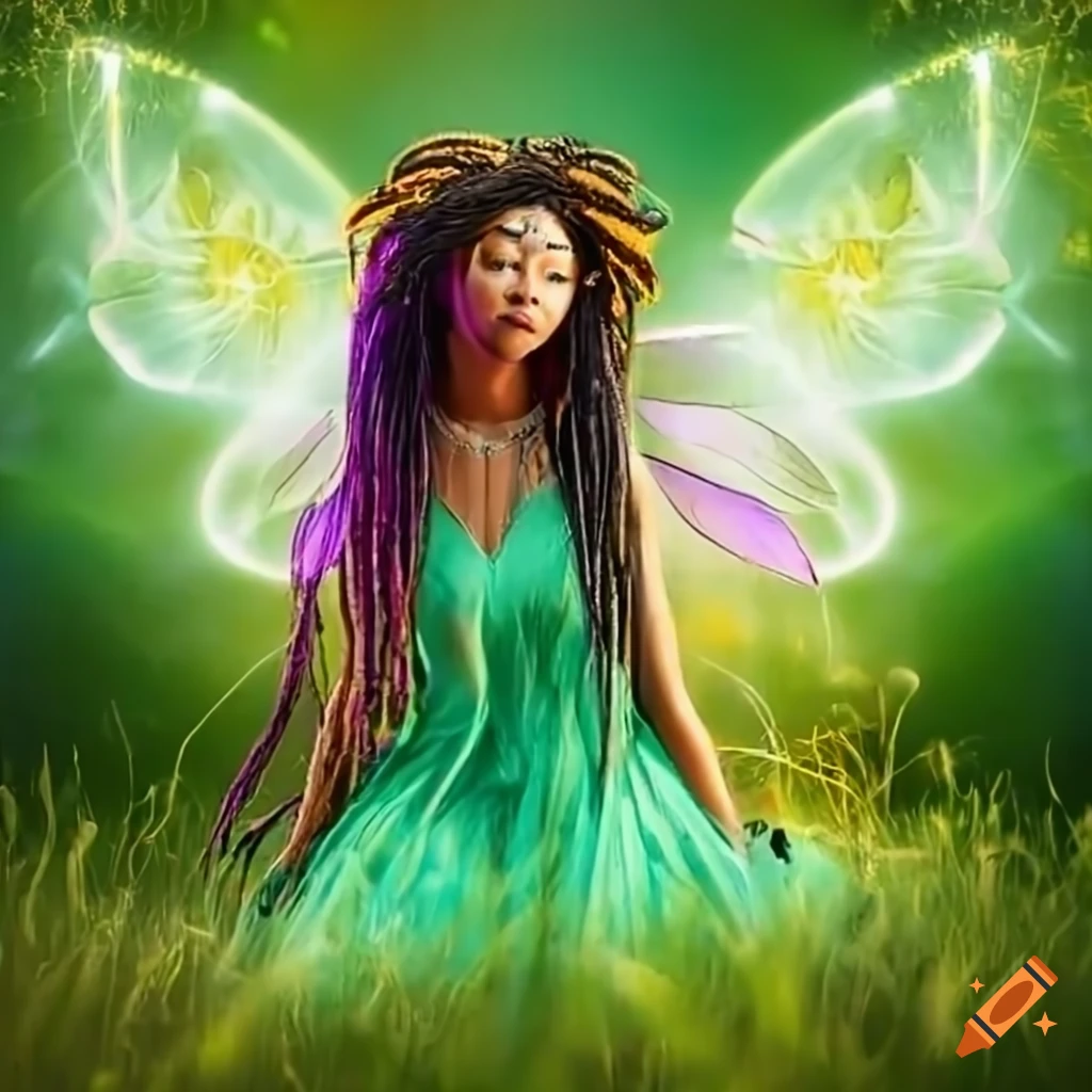 African American fairy with golden wings in a green grass field on Craiyon
