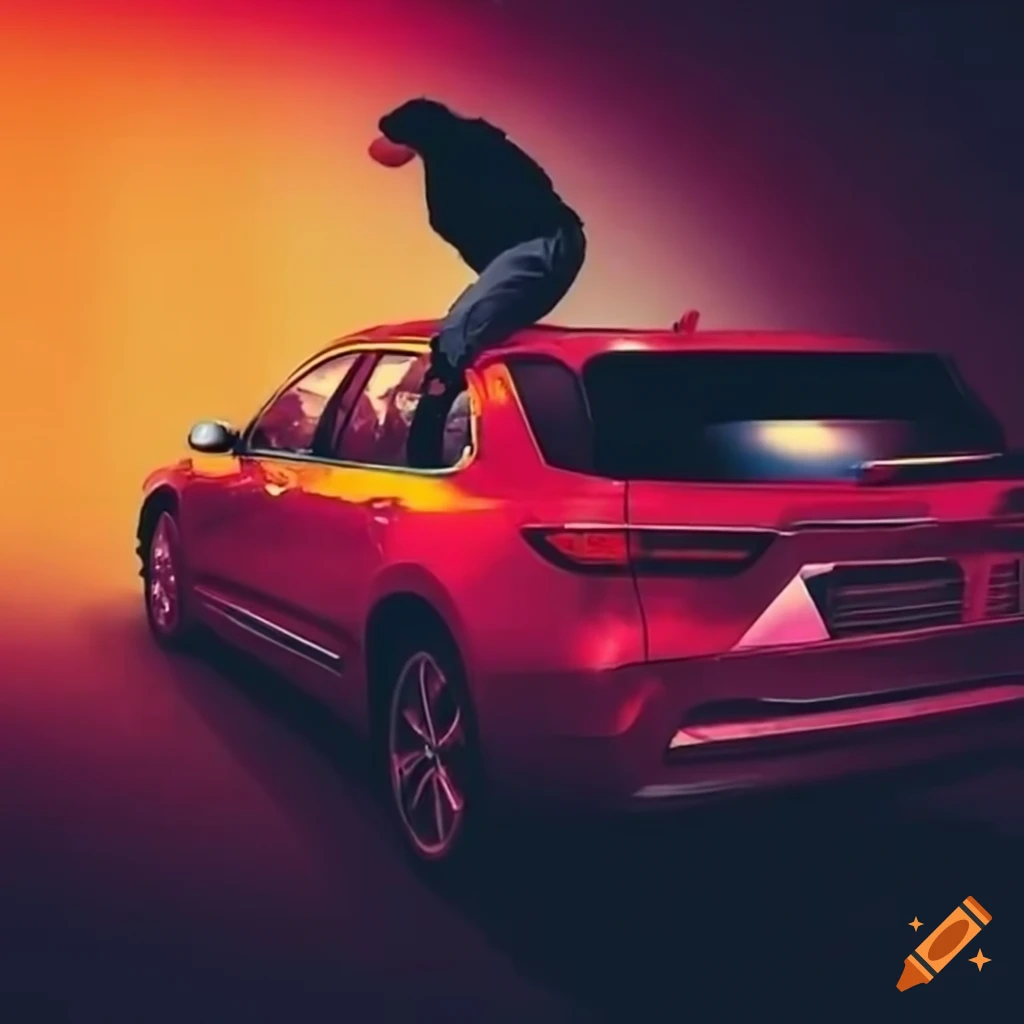 Rapper posing on a car in a residential area on Craiyon