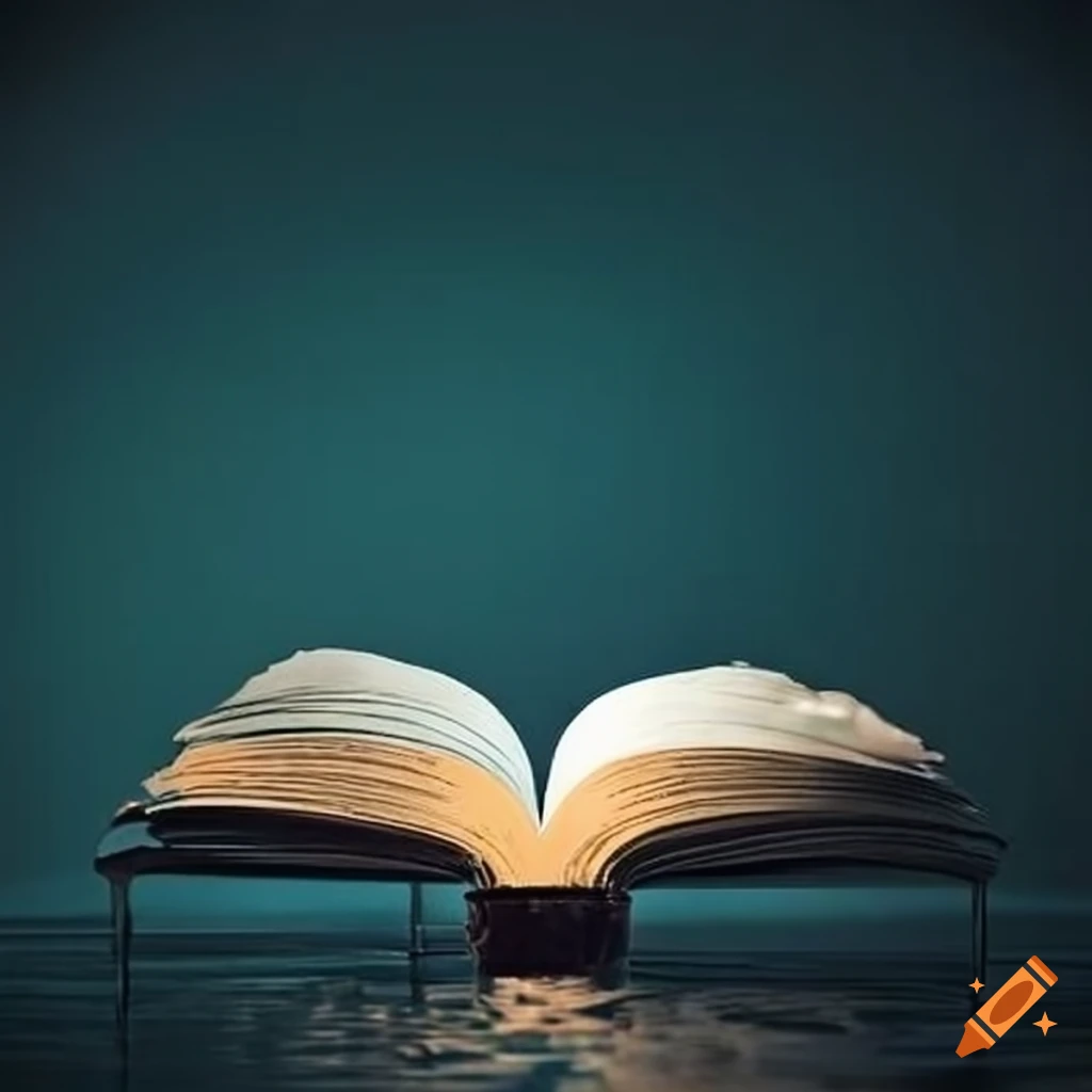 Imaginary world emerging from an open book on a table on Craiyon