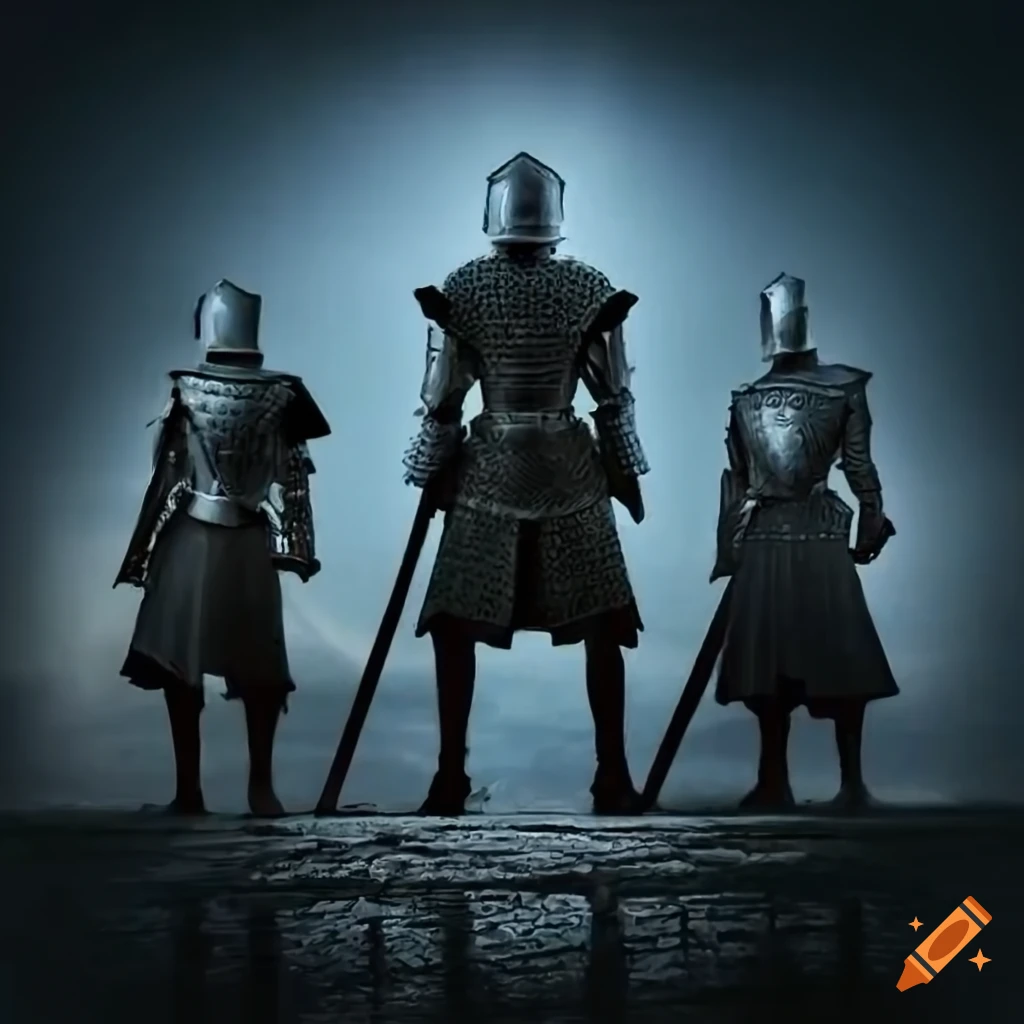 Knights in armor standing in front of a gray house