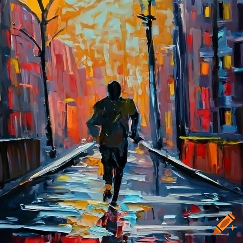 Palette knife painting of a man running in a city on Craiyon