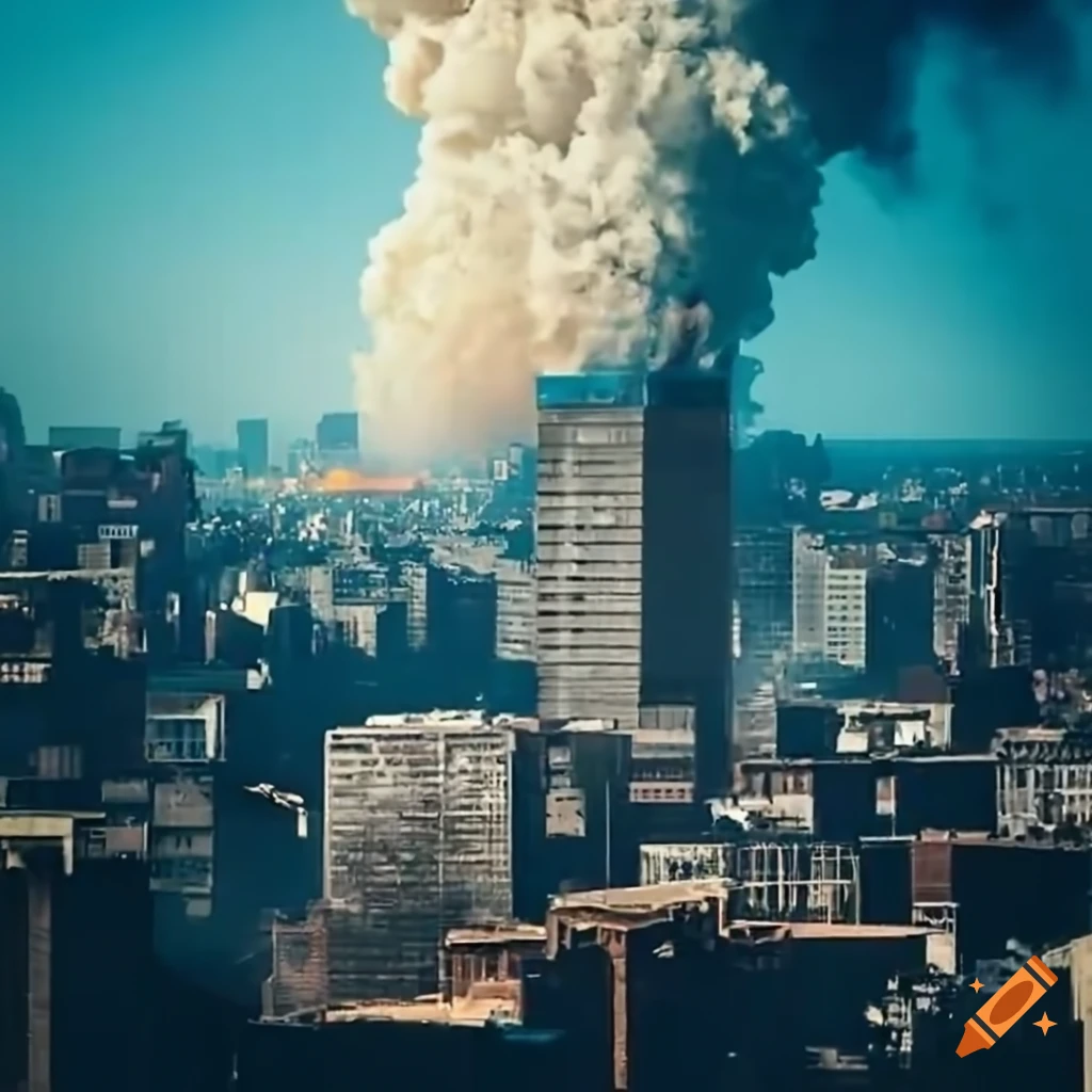Man overlooking a collapsed city from a rooftop on Craiyon