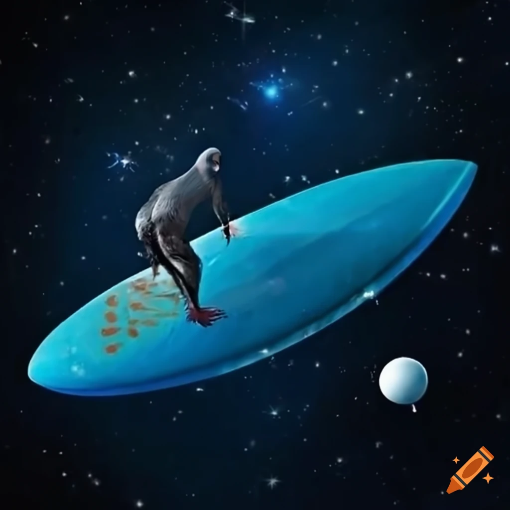 Humorous image of a pigeon riding a surfboard in space on Craiyon