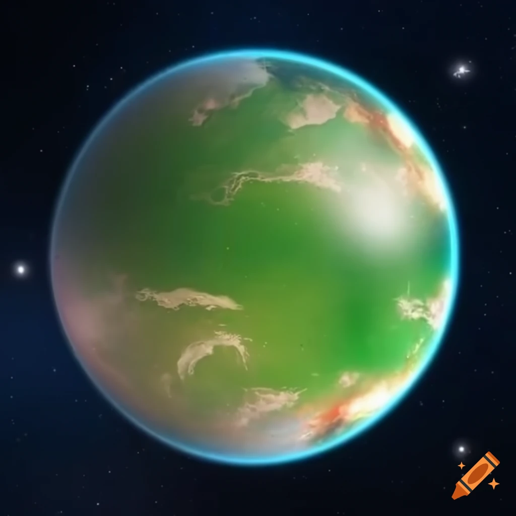 Planet with a continent covered in forests and mountains surrounded by ...