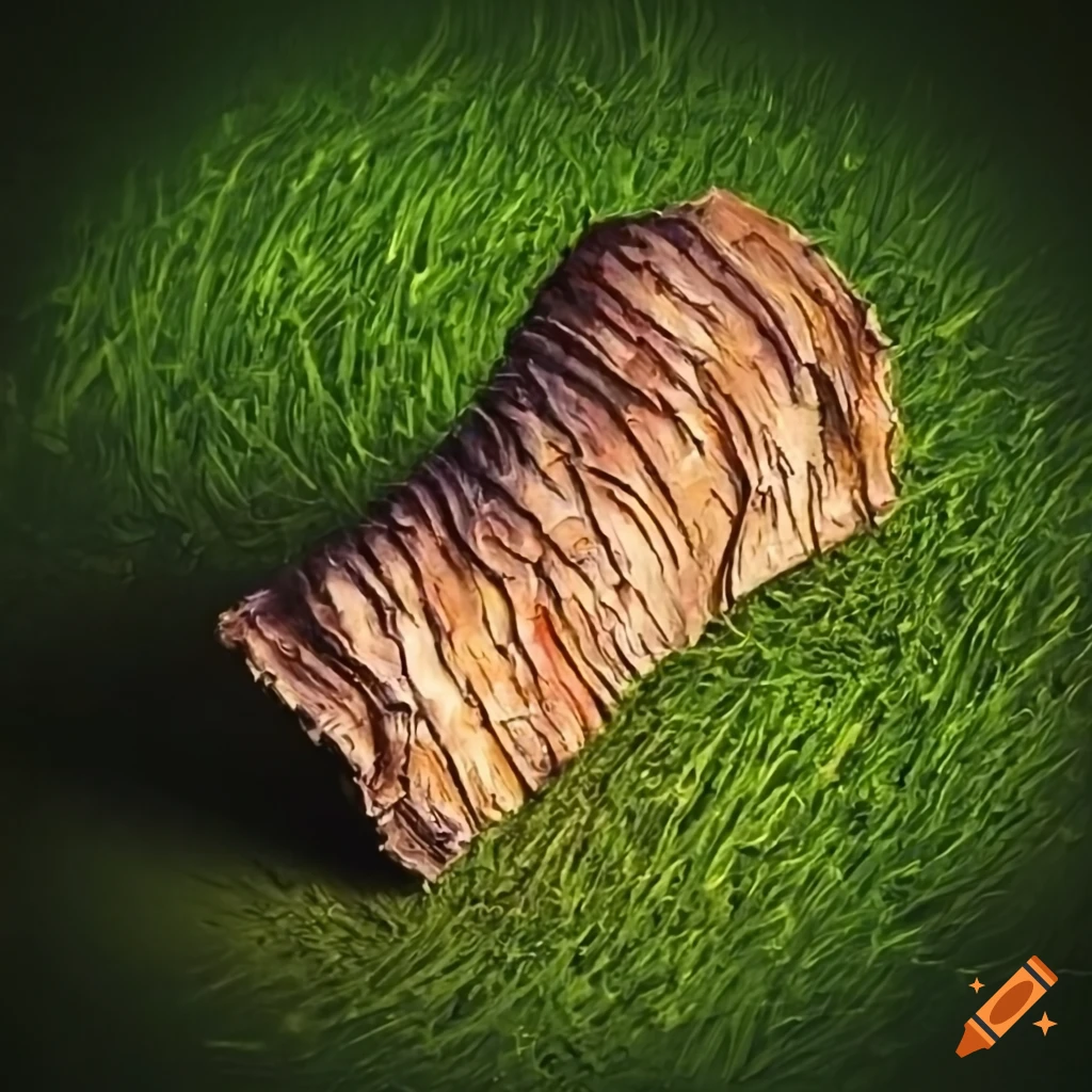 Oil painting of a piece of tree bark on grass