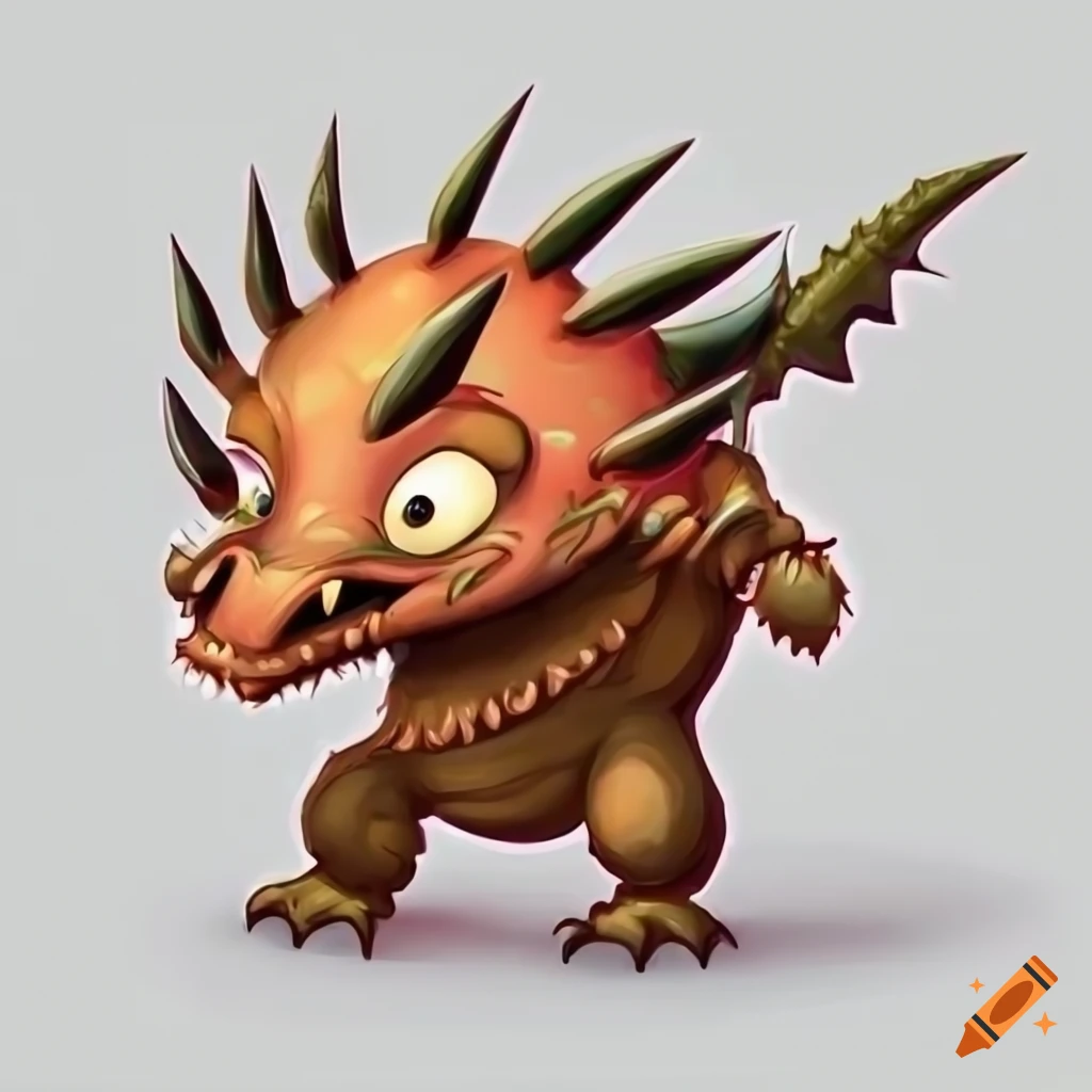 Adorable monster with sharp teeth, detailed scaly skin, and green leafs ...