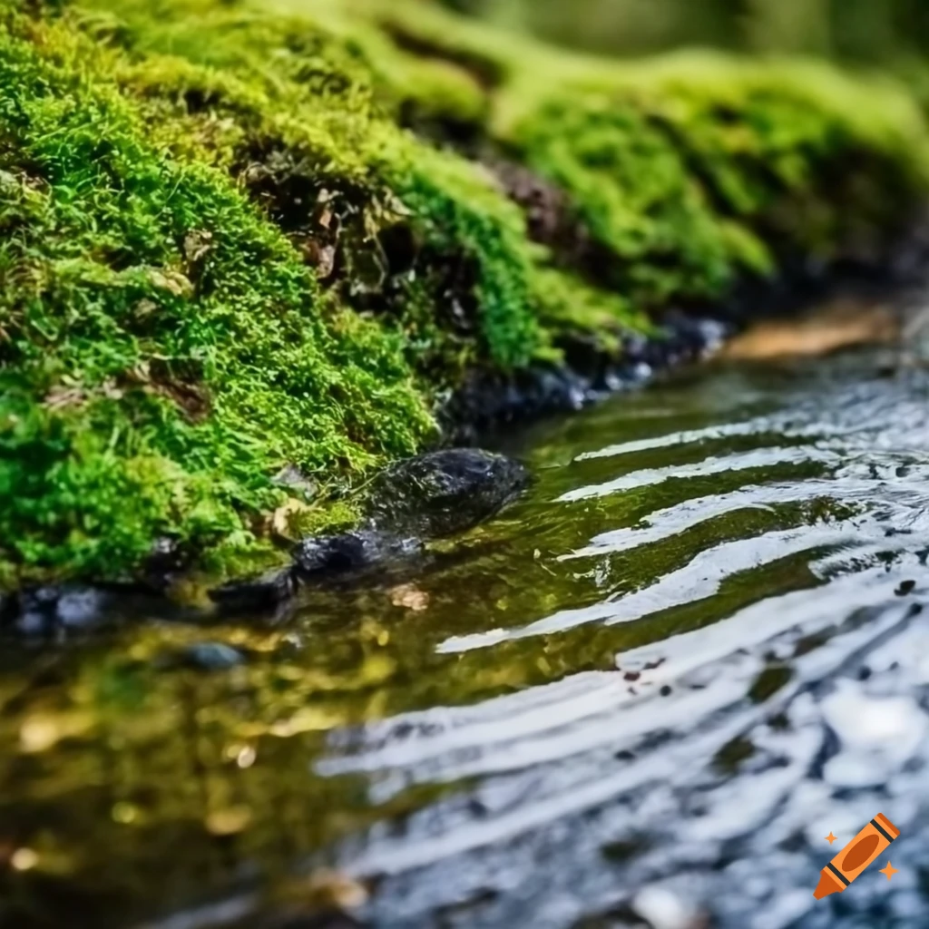 Verdant river with moss-covered rocks