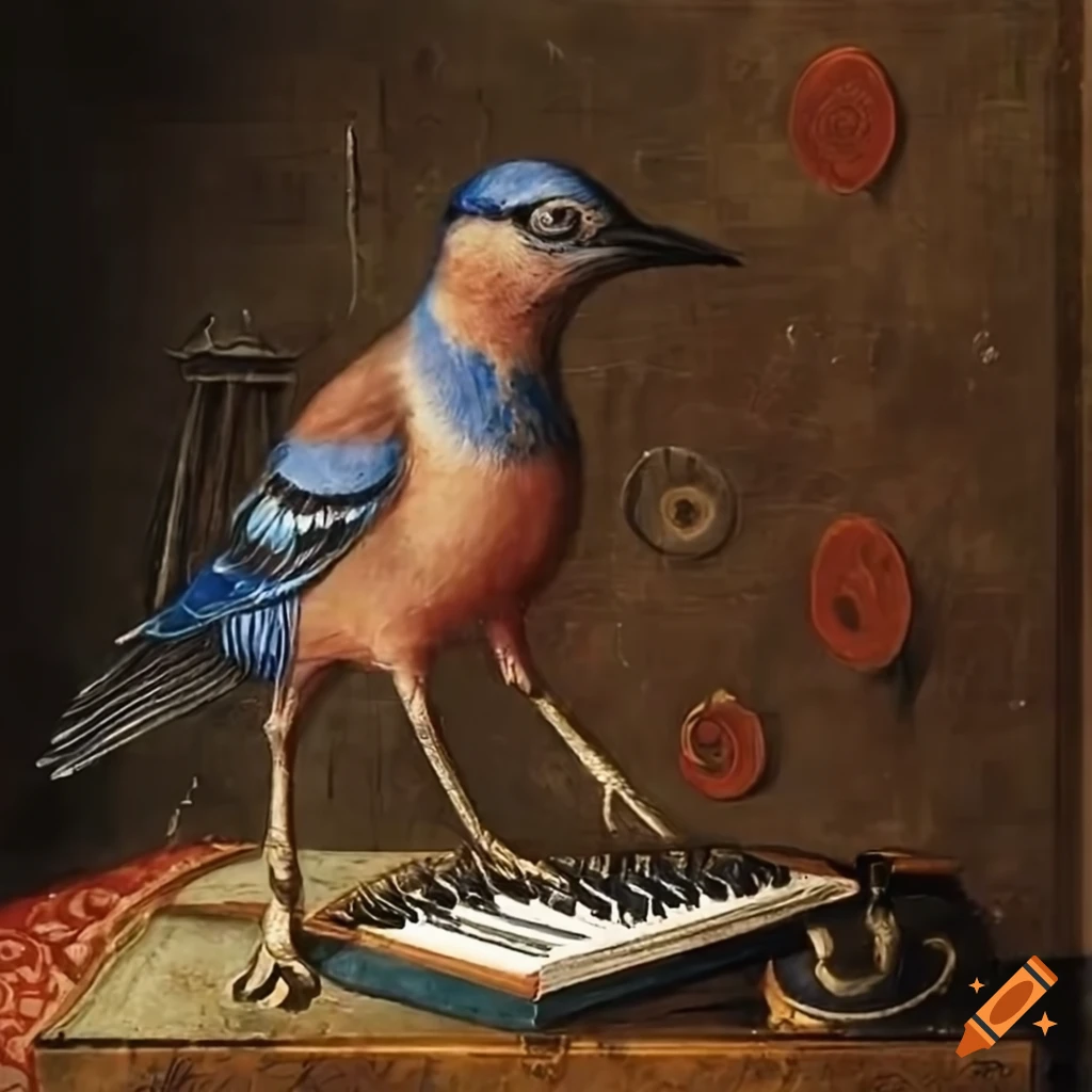 Medieval painting of a jay bird composing music