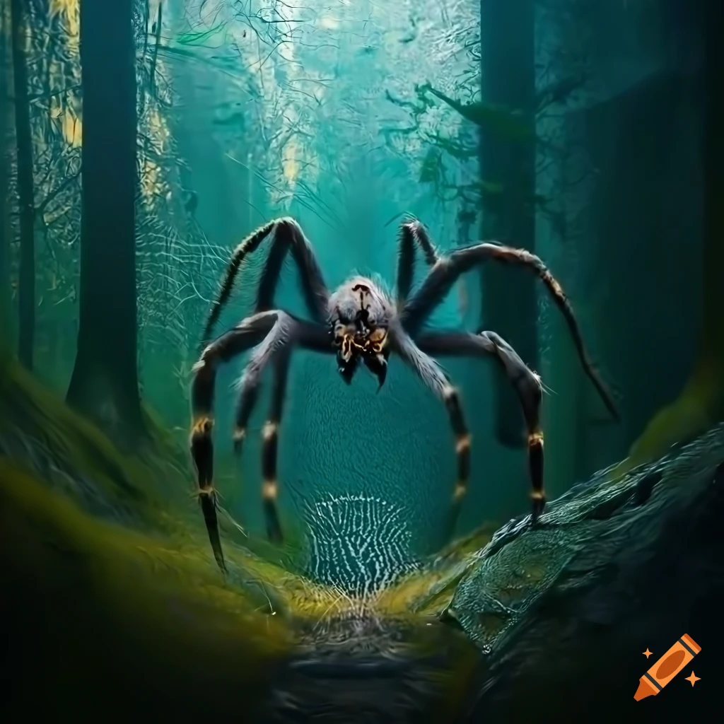 Giant spider on spiderwebs in forest on Craiyon