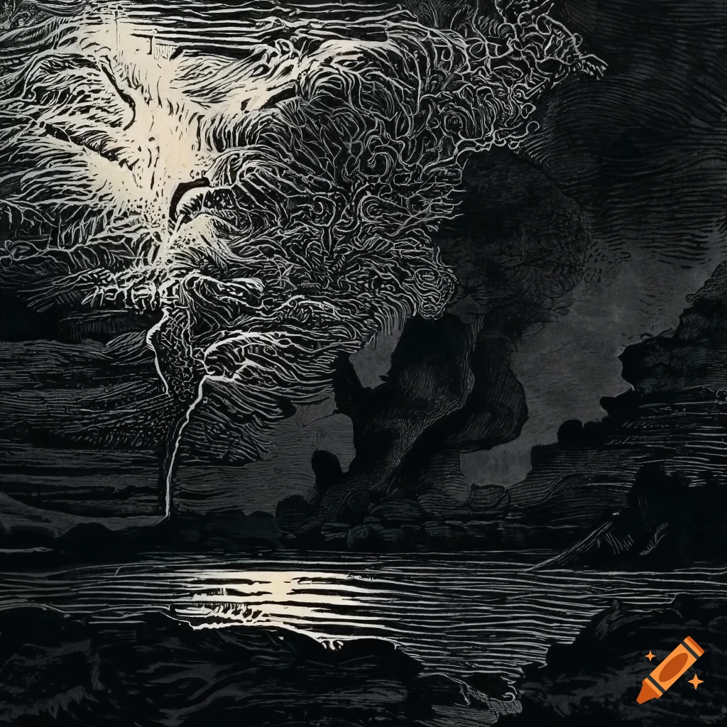 Detailed linocut illustration of storm clouds and lightning over ...