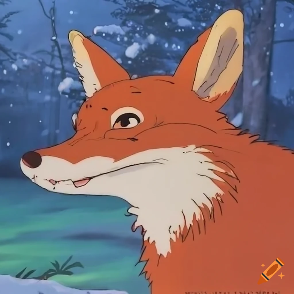 Anime-style painting of a red fox in the snow on Craiyon