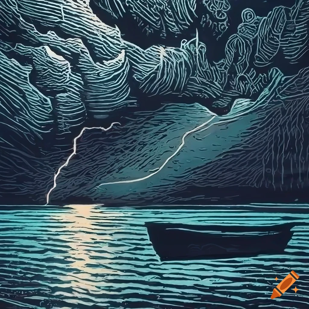 Linocut art of stormy sunset with lone boat on shore on Craiyon