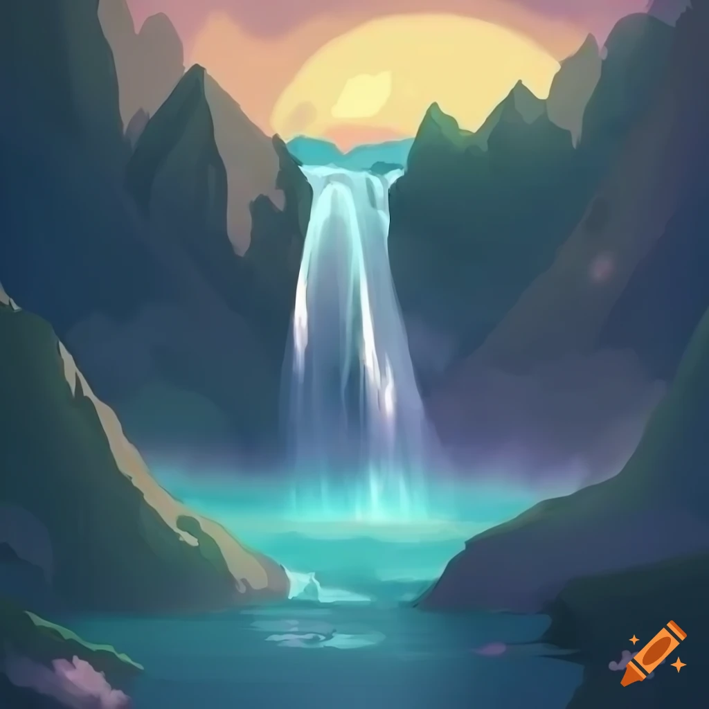 Anime-style digital art of a waterfall in the mountains on Craiyon