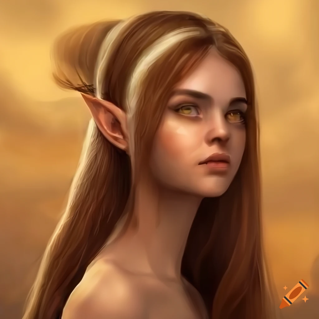 Portrait of a young woman with golden skin and elf ears