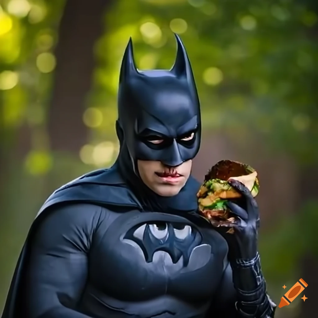 Satirical image of batman eating spaghetti on Craiyon