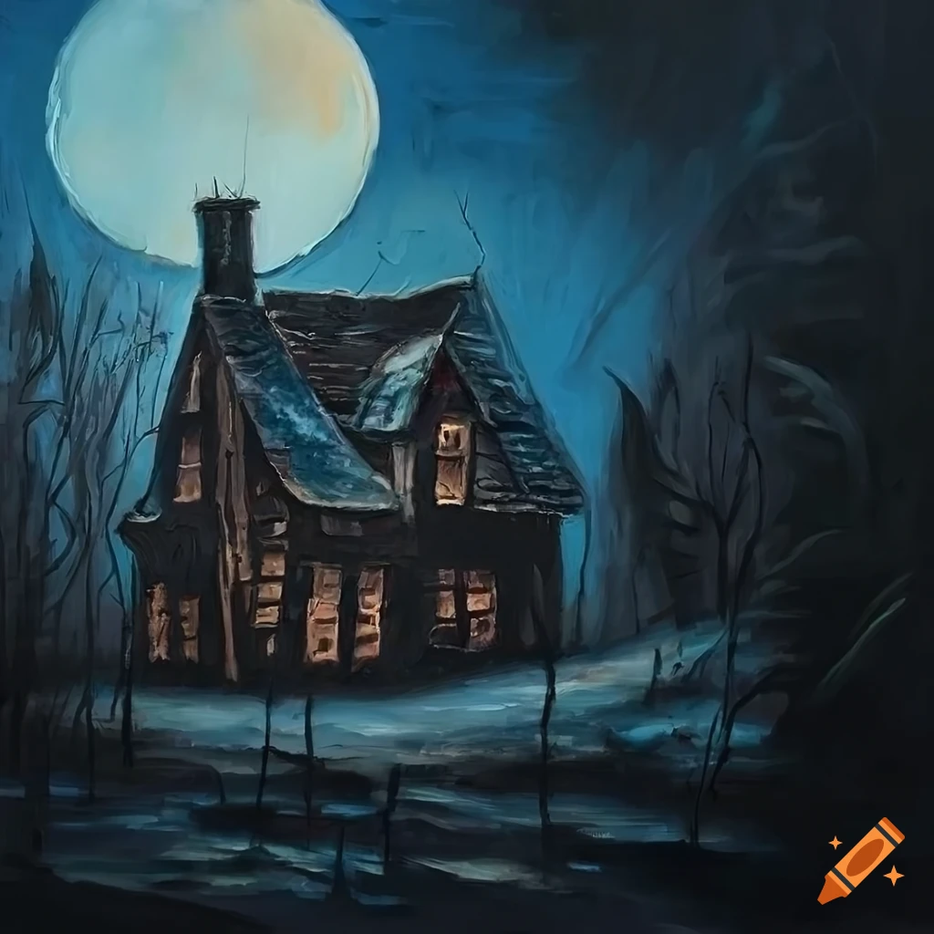 Hyper-detailed oil painting of a haunted house at sunset on Craiyon