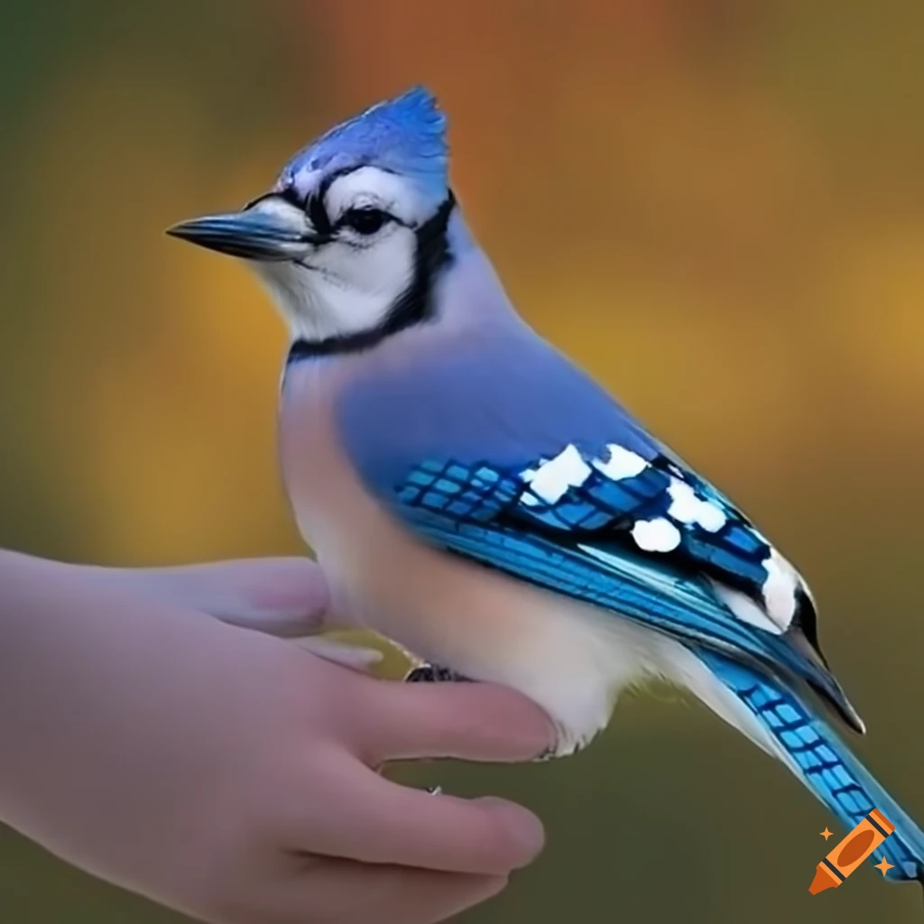 Blue jay perched on a hand